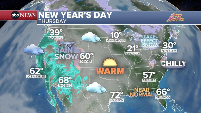 New Year's Eve weather forecast, from rain in the West to snow in the East