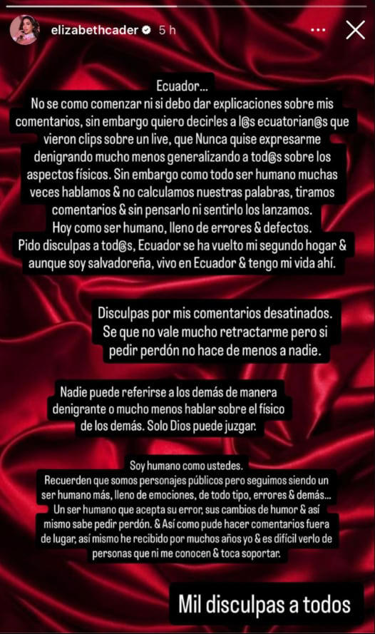 ¿Qué pasó con Elizabeth Cader? Disculpas públicas, polémica y cierre de ...