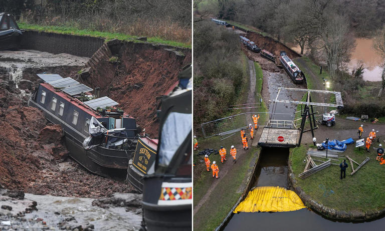 Workers attempt to rescue three narrowboats dragged to the depths by ...