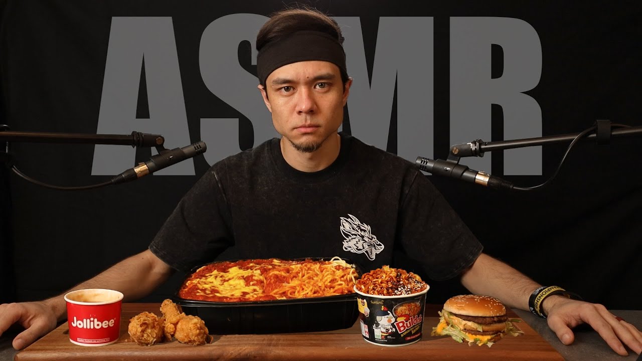 Competitive Eater trys ASMR (Fire Noodles, Fried Chicken, Pork Rinds ...