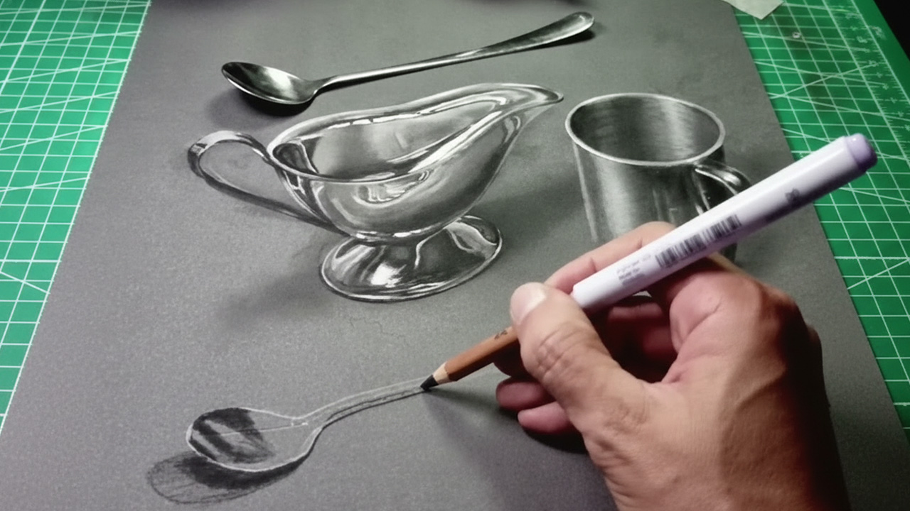 Kitchen tools drawing tutorial focusing on stainless steel texture