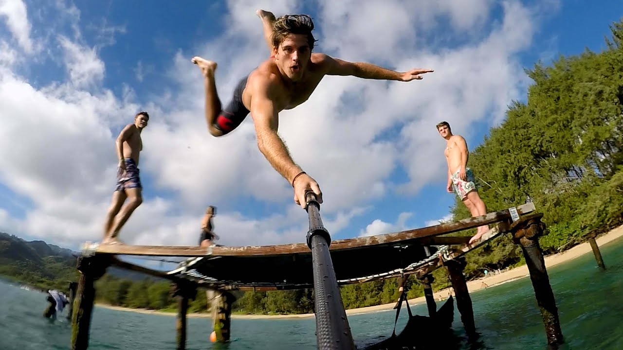 Jumping on a trampoline at sea