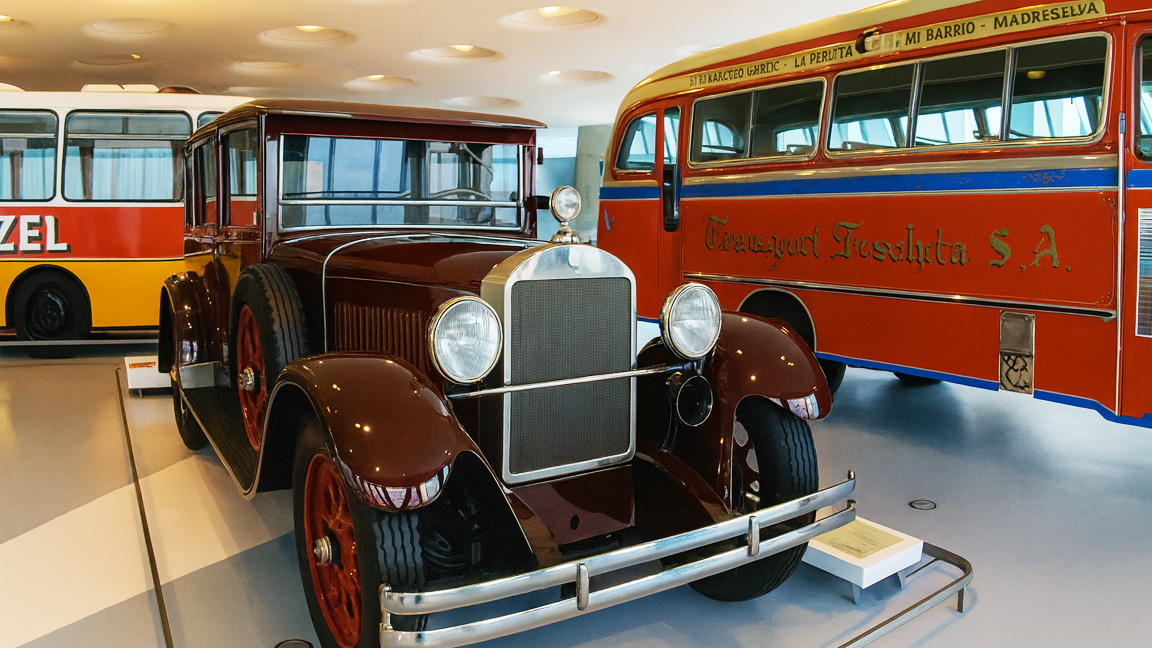 What do early Mercedes cars look like inside the museum?