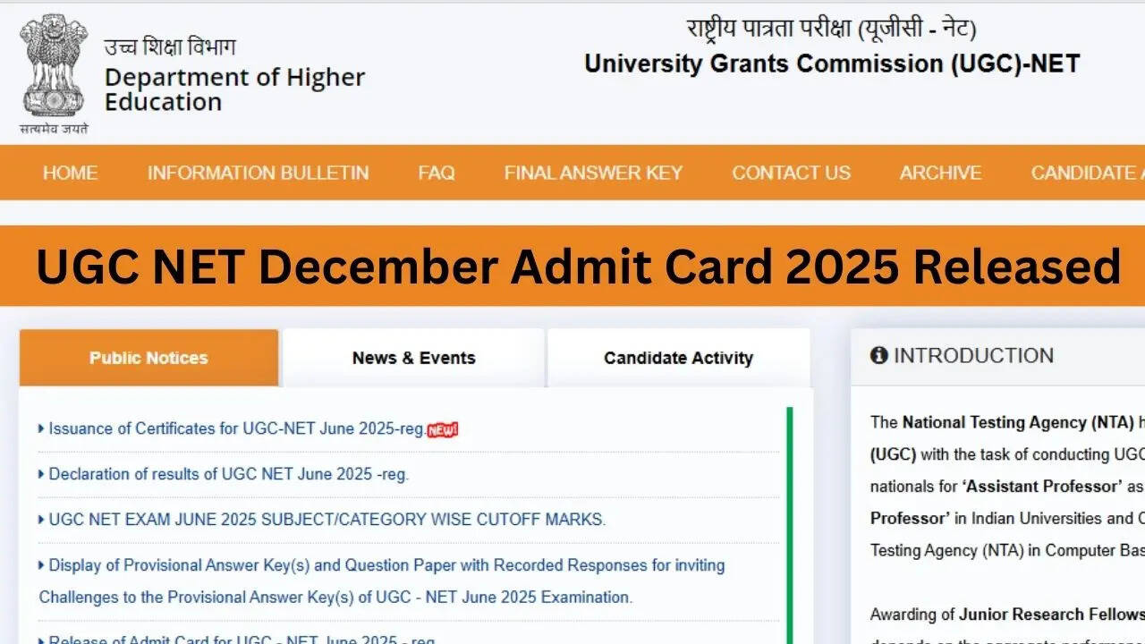 UGC NET December admit card 2025: जारी हुआ यूजीसी नेट 2 जनवरी की ...