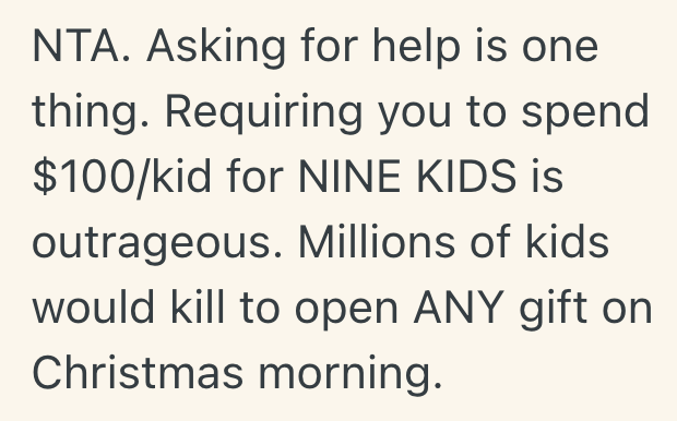Sister asks sibling to buy a Christmas present for each of her kids ...
