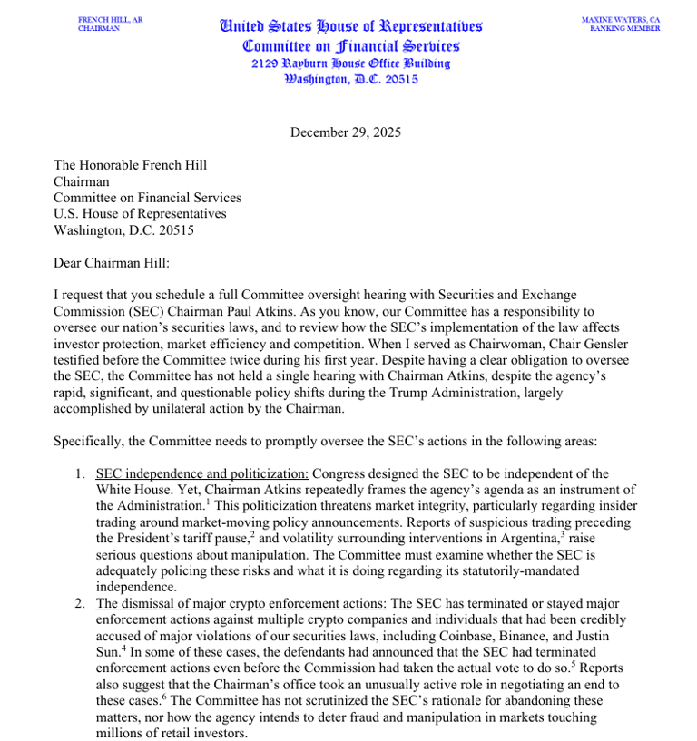 Rep Waters demands SEC oversight hearing about its approach to crypto