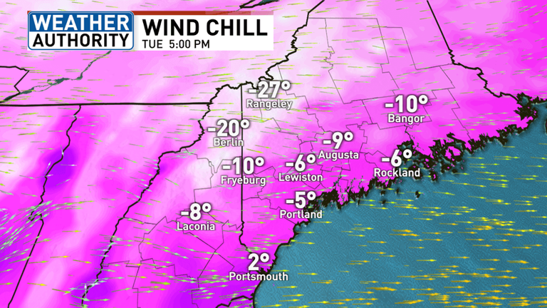 Frigid wind chills impact Maine on Tuesday
