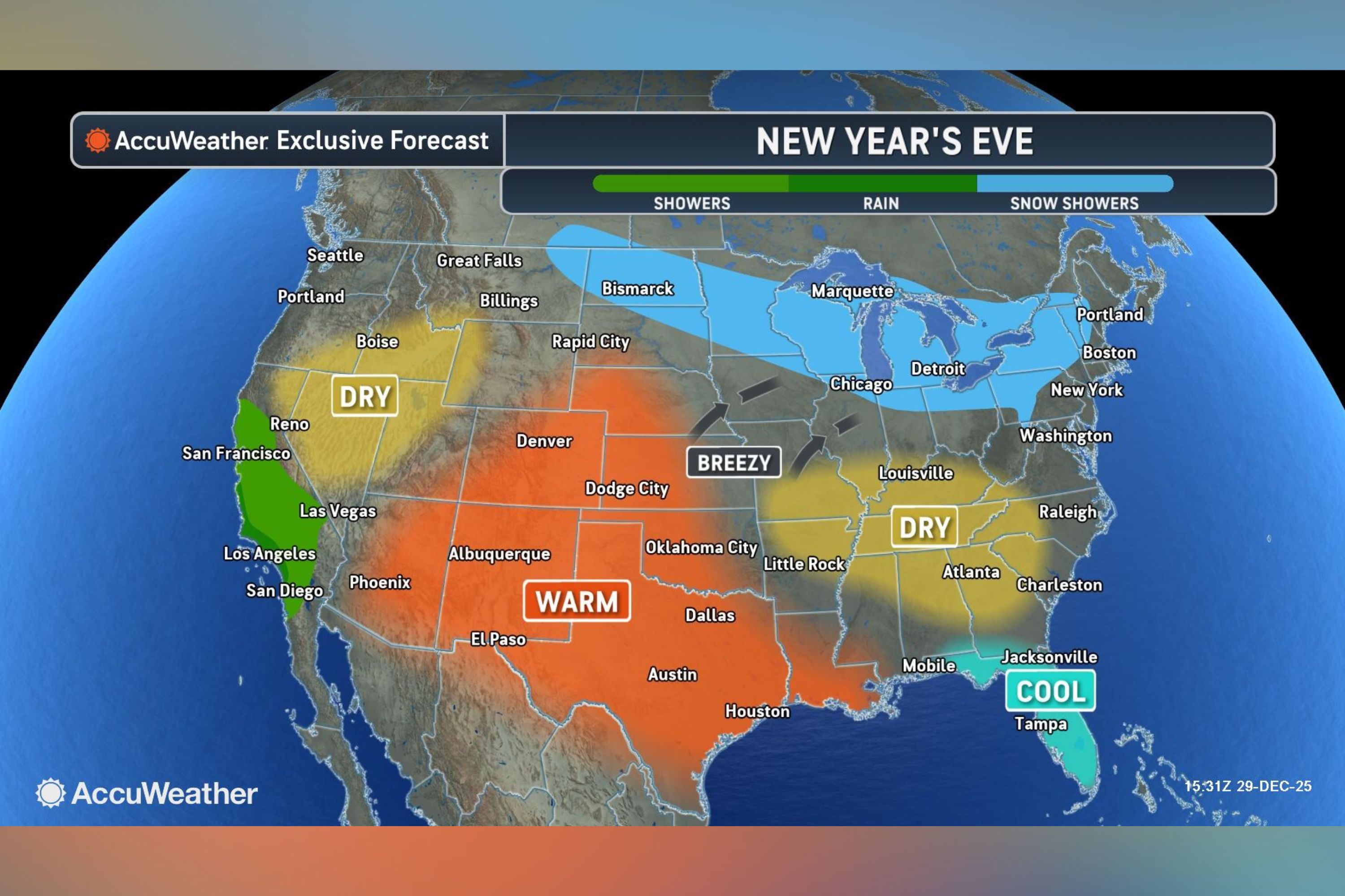 Map shows New Year's Eve weather in each state