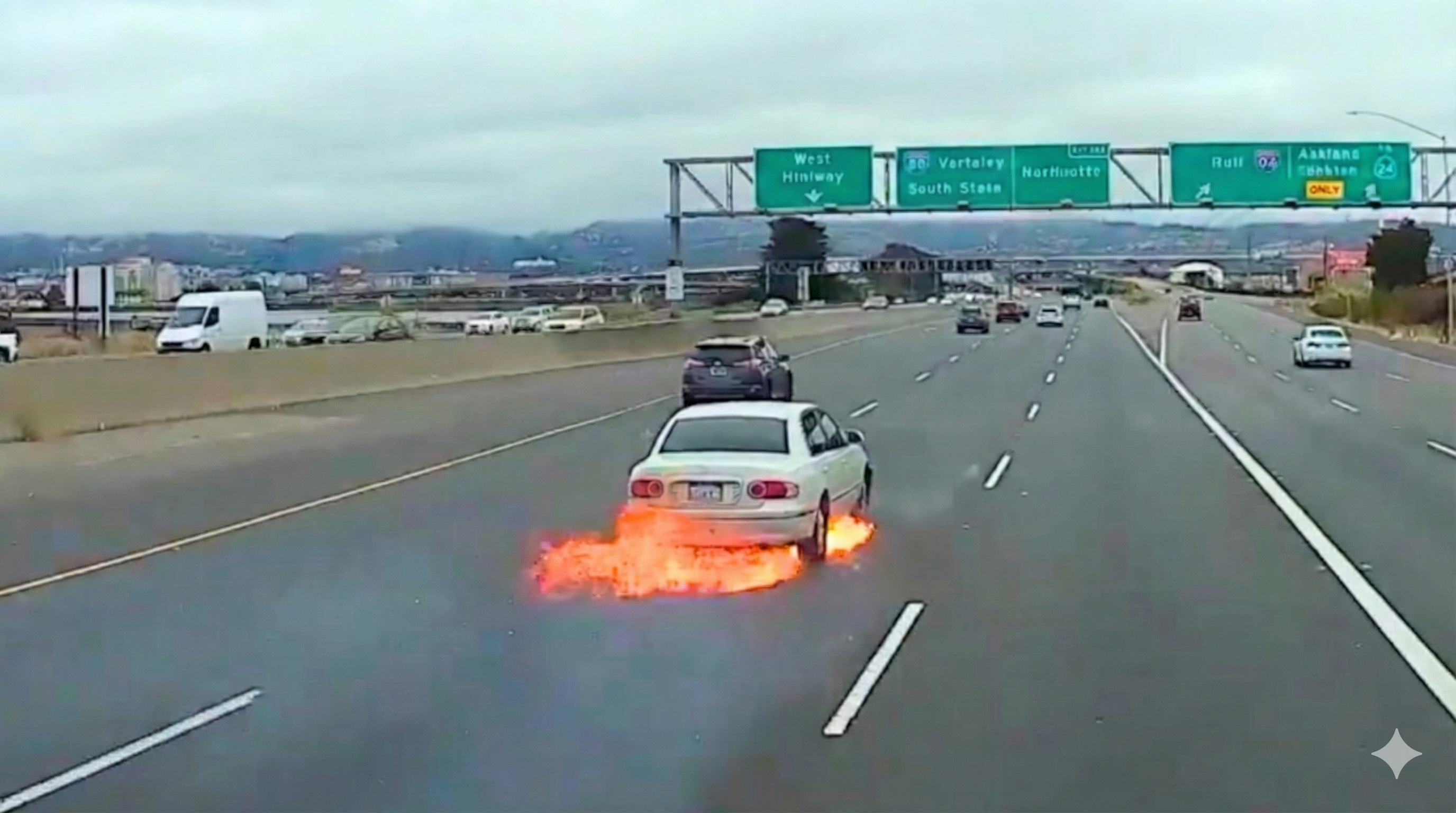 Brake check ends with a car on fire