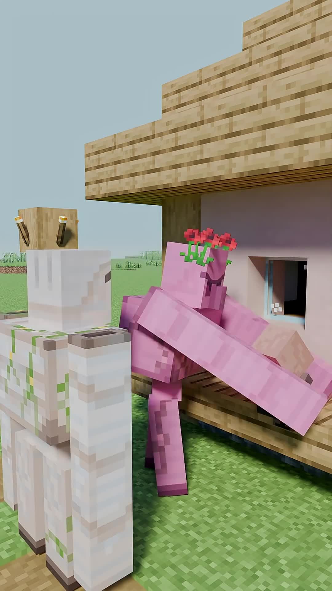 Minecraft evil baby villager with iron golem satisfying 3D simulation