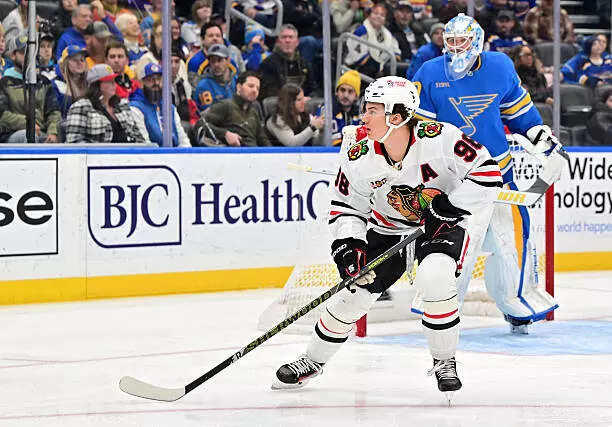 Connor Bedard skates for the Blackhawks after a shoulder injury in a ...