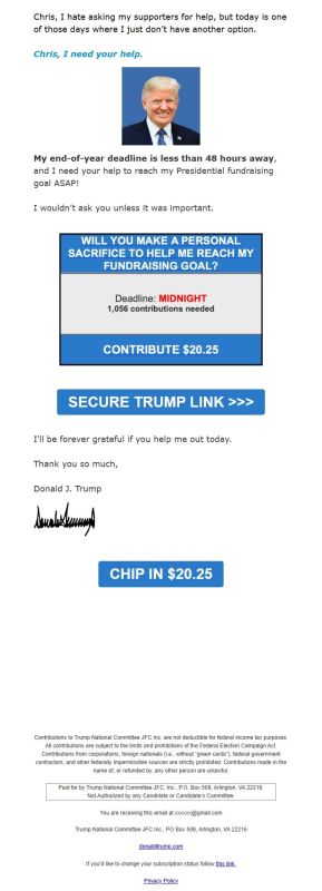 Trump tells supporters to make a “personal sacrifice” donation