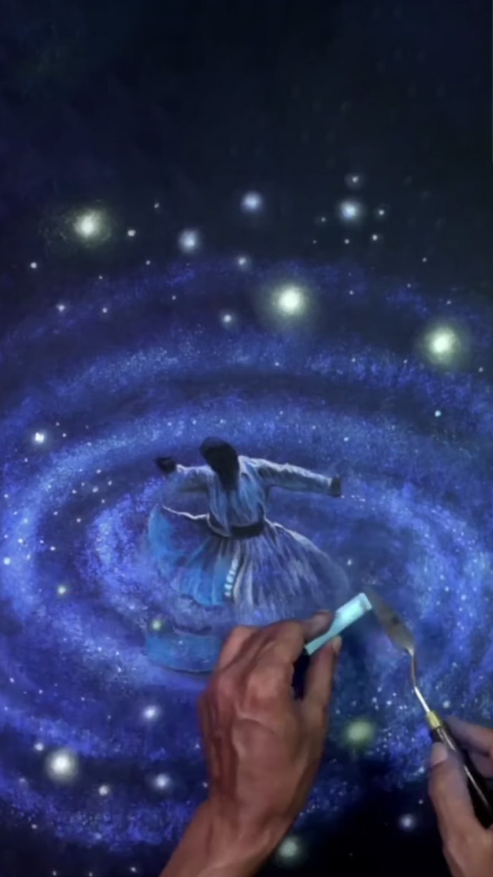 Expressive drawing showing a soul dancing with the universe