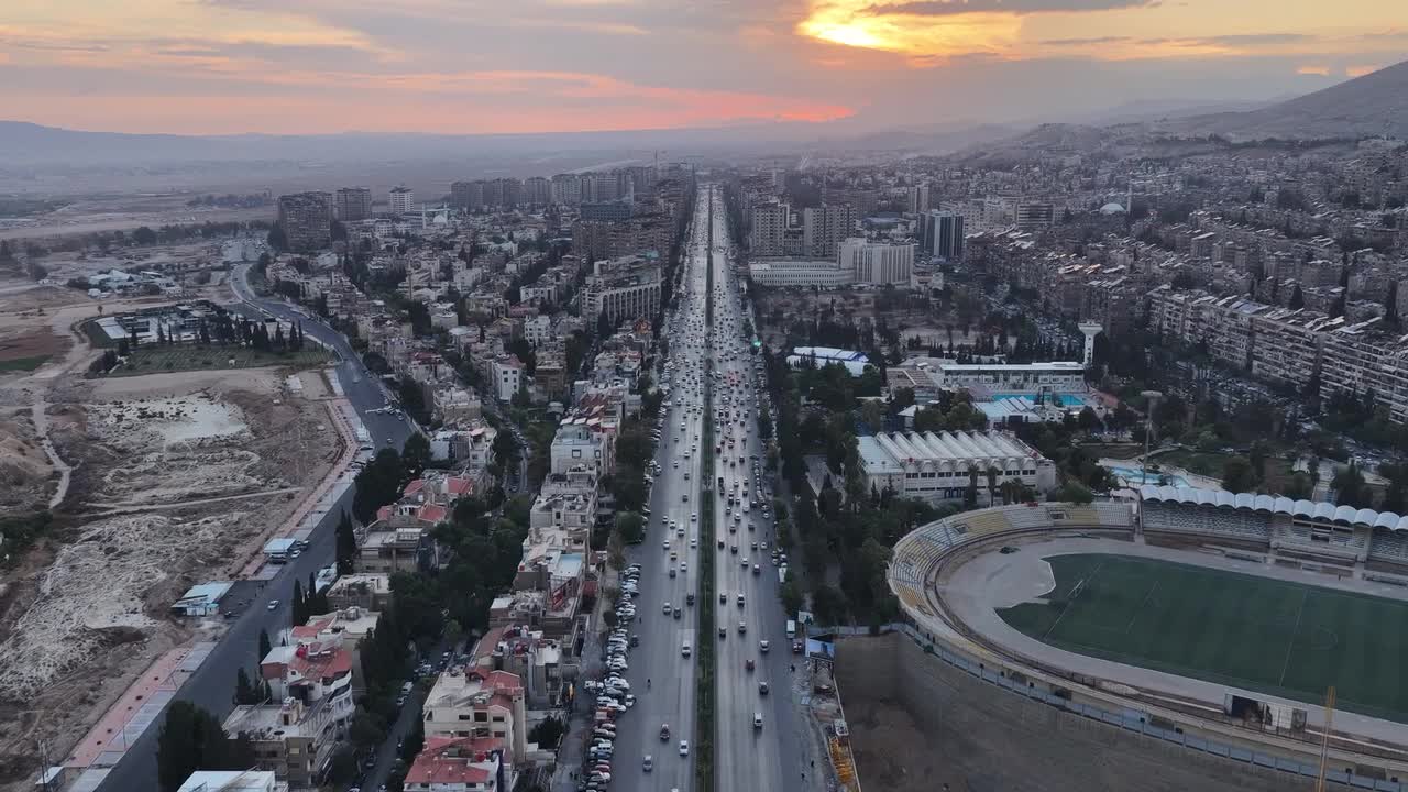 Drone shot of Damascus at sunset, Syria