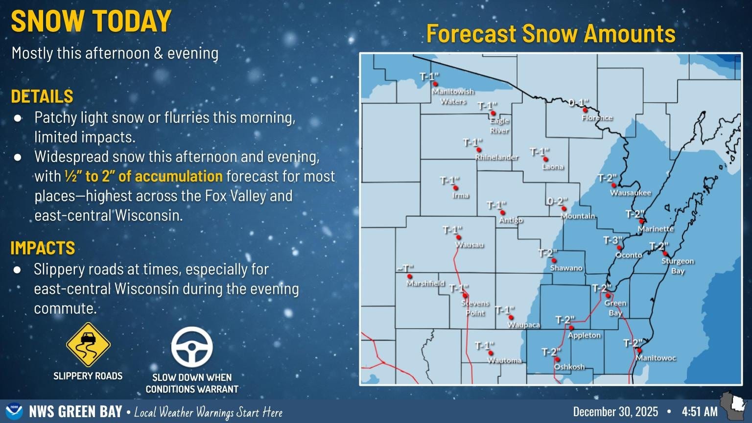 How much snow will Appleton get Dec. 30?