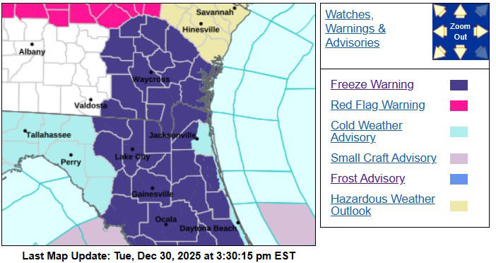 Florida freeze map update as nearly entire state under warning, advisory