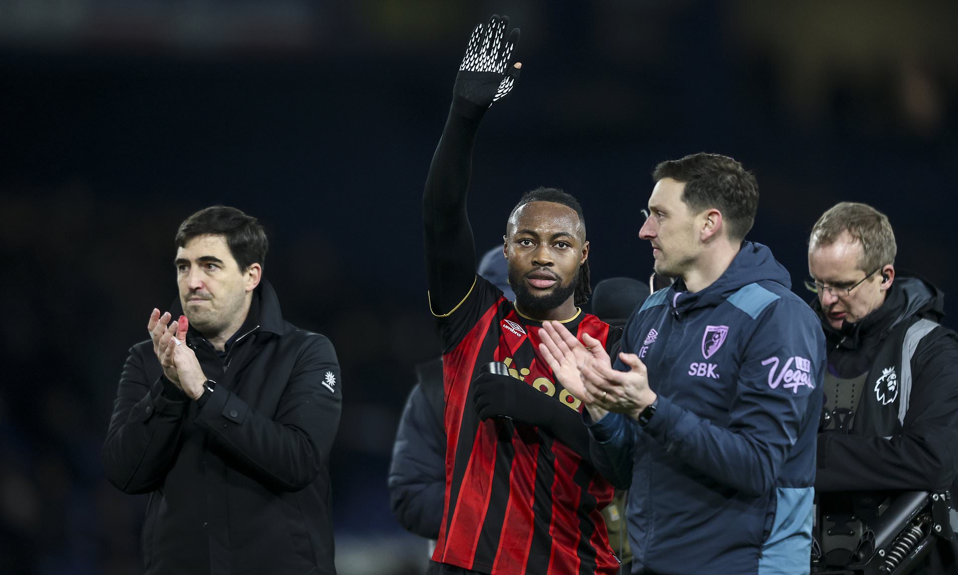 Antoine Semenyo appears to wave goodbye to Bournemouth fans as Man City ...