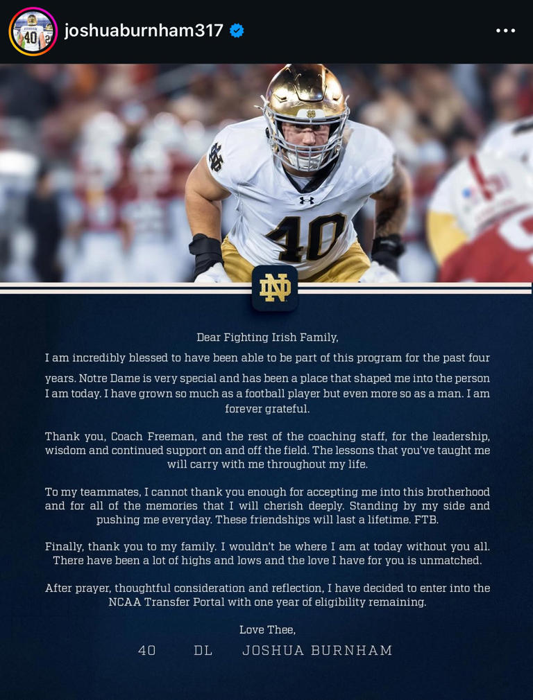 Notre Dame defensive end Joshua Burnham enters the transfer portal