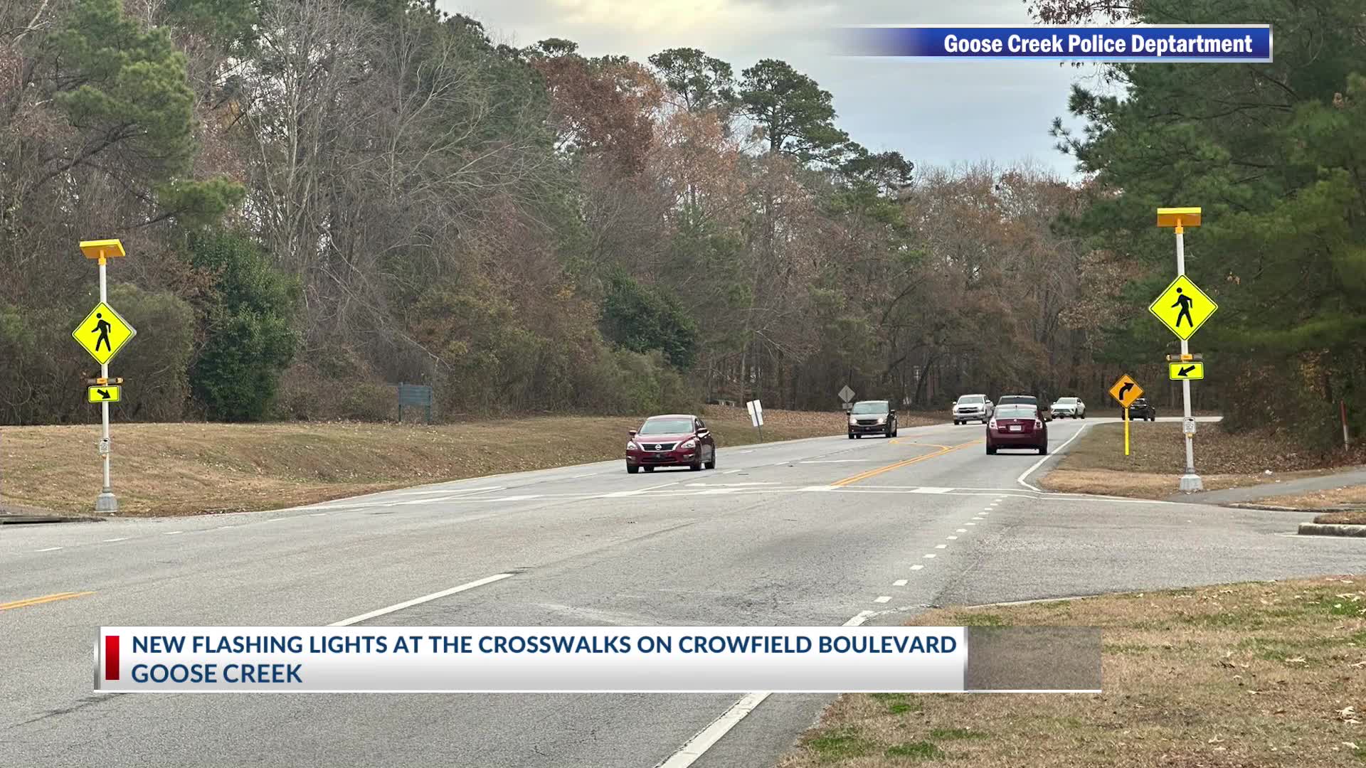 New flashing lights installed at crosswalks on Crowfield Boulevard