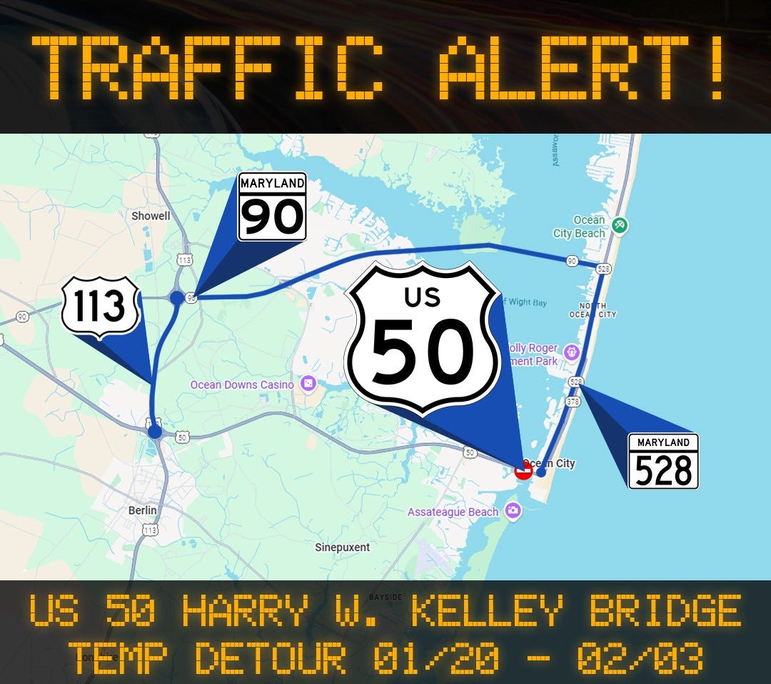 Route 50 bridge to Ocean City to get closures/detours starting Jan. 5