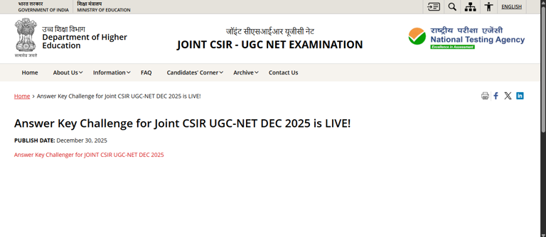 NTA CSIR UGC NET answer key 2025 objection window closes tomorrow for ...