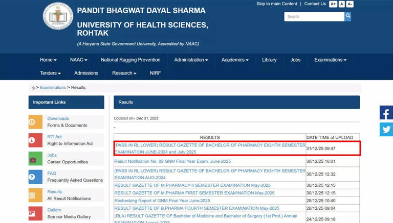 UHSR results 2025 for BPharmacy and other courses released at uhsr.ac ...