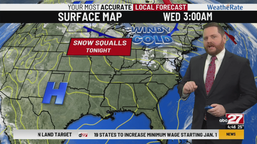 Few snow showers south this morning, tracking squalls tonight