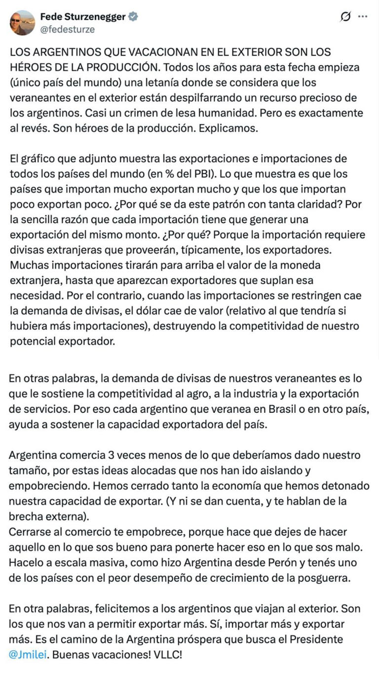 Federico Sturzenegger exaltó a los argentinos que vacacionan en el ...