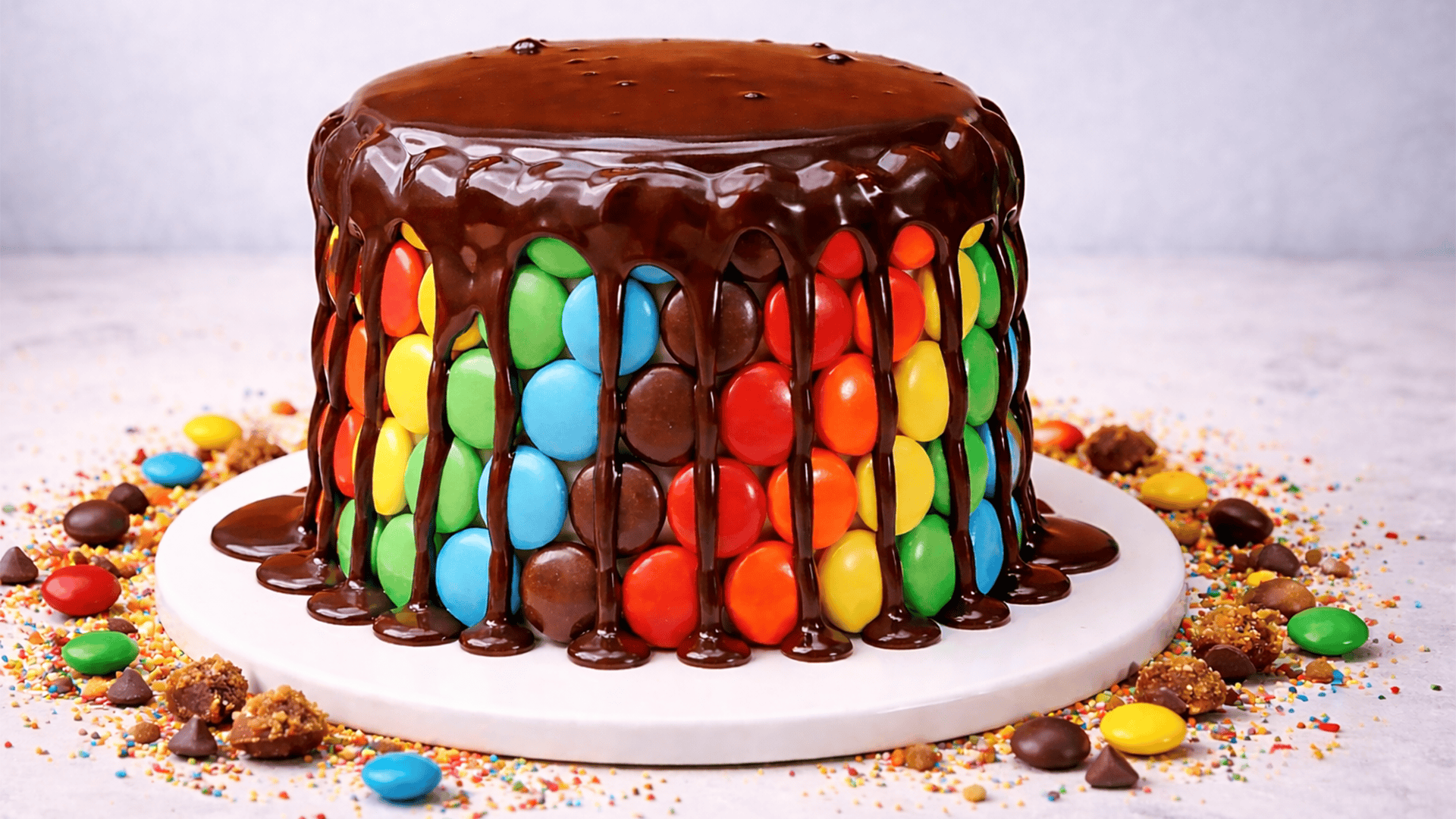 Chocolate cake with colorful candy filling