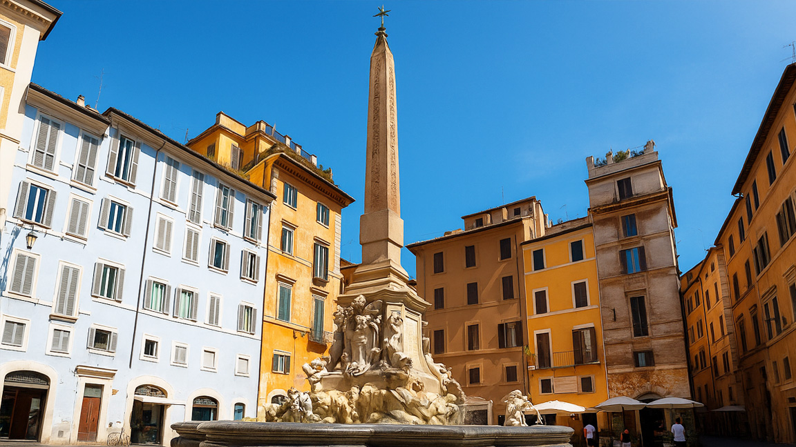 Paseando por una plaza histórica de fuentes en Roma