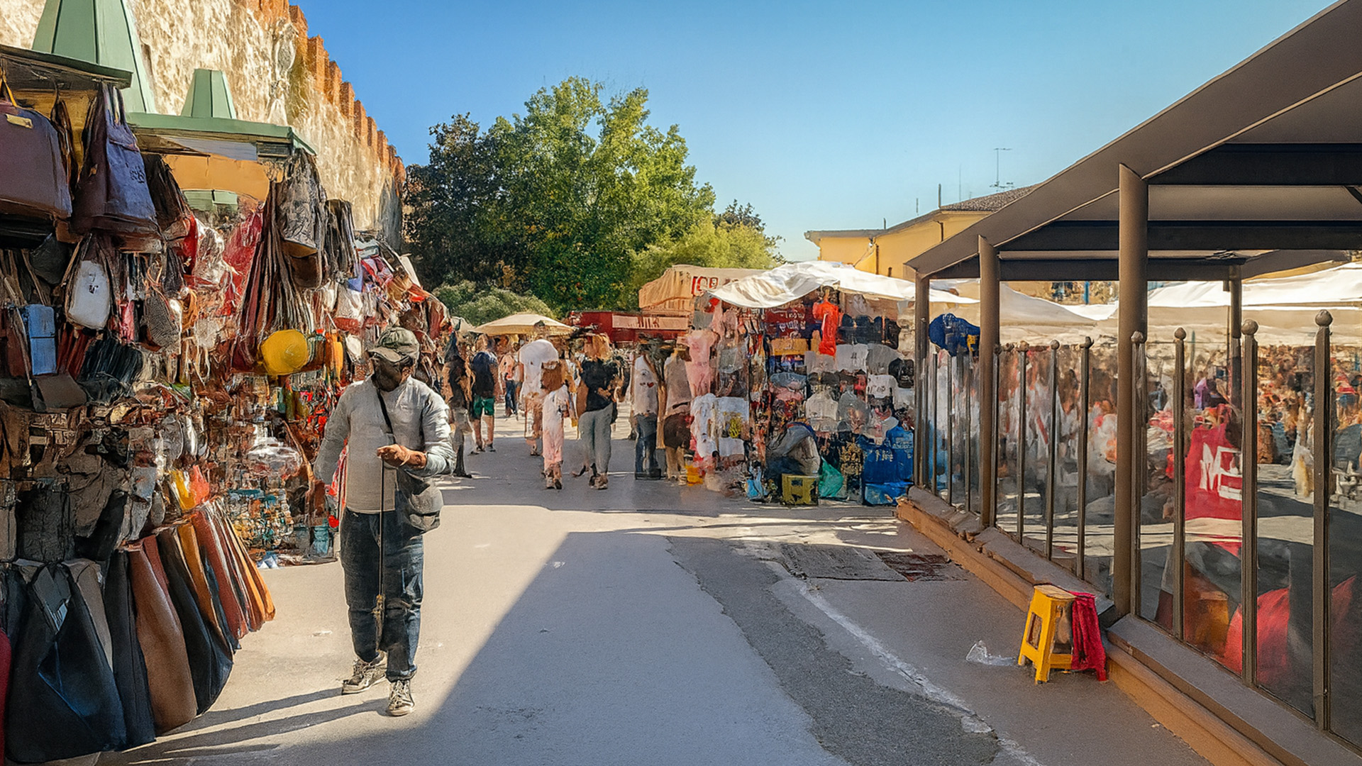 Walking through Pisa and local souvenir stalls