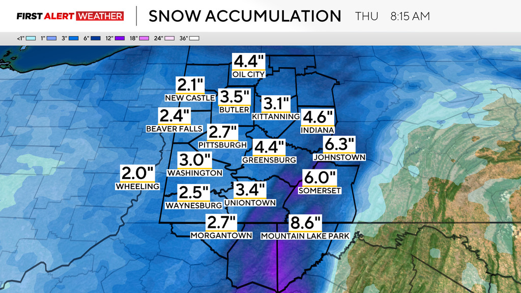Heavy snow is hitting the Pittsburgh area on New Year's Eve. A map show ...
