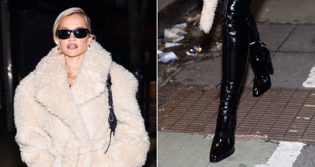 Rita Ora goes all in on winter textures in glossy thigh-high boots and ...