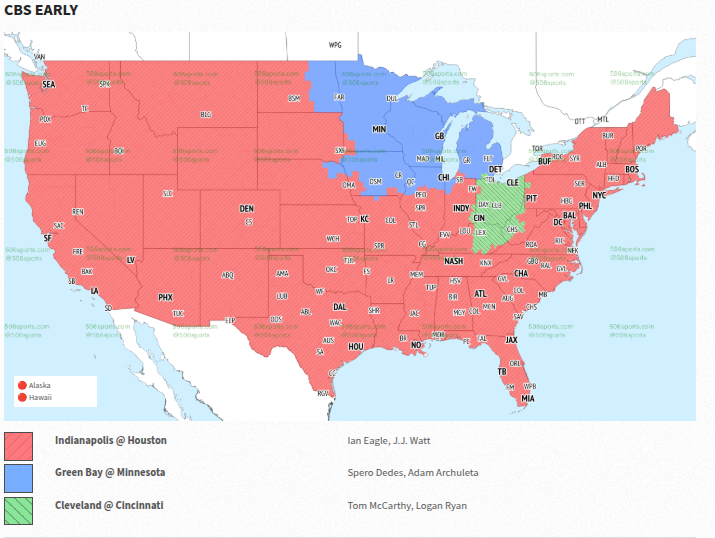 NFL TV broadcast maps, announcers for Week 18 games
