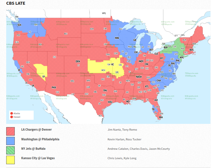 NFL TV broadcast maps, announcers for Week 18 games