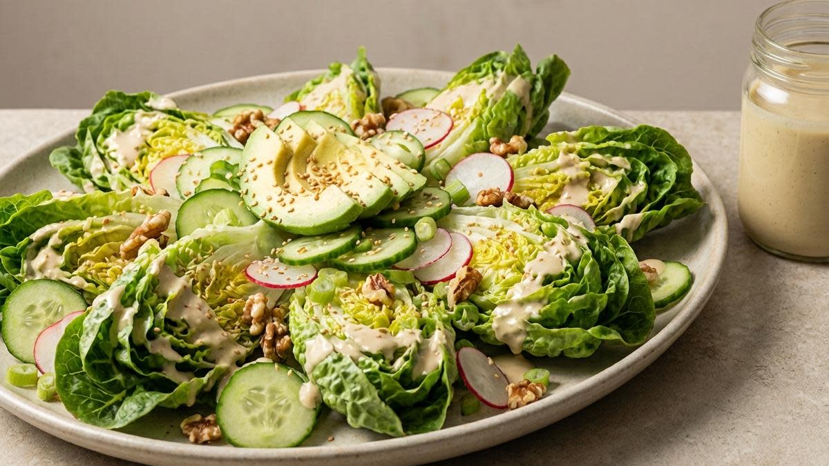 Crunchy tahini salad with gem lettuce, avocado, and walnuts