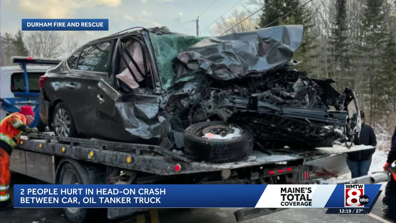 Two people hurt when car, oil delivery truck crash head-on in Durham, Maine