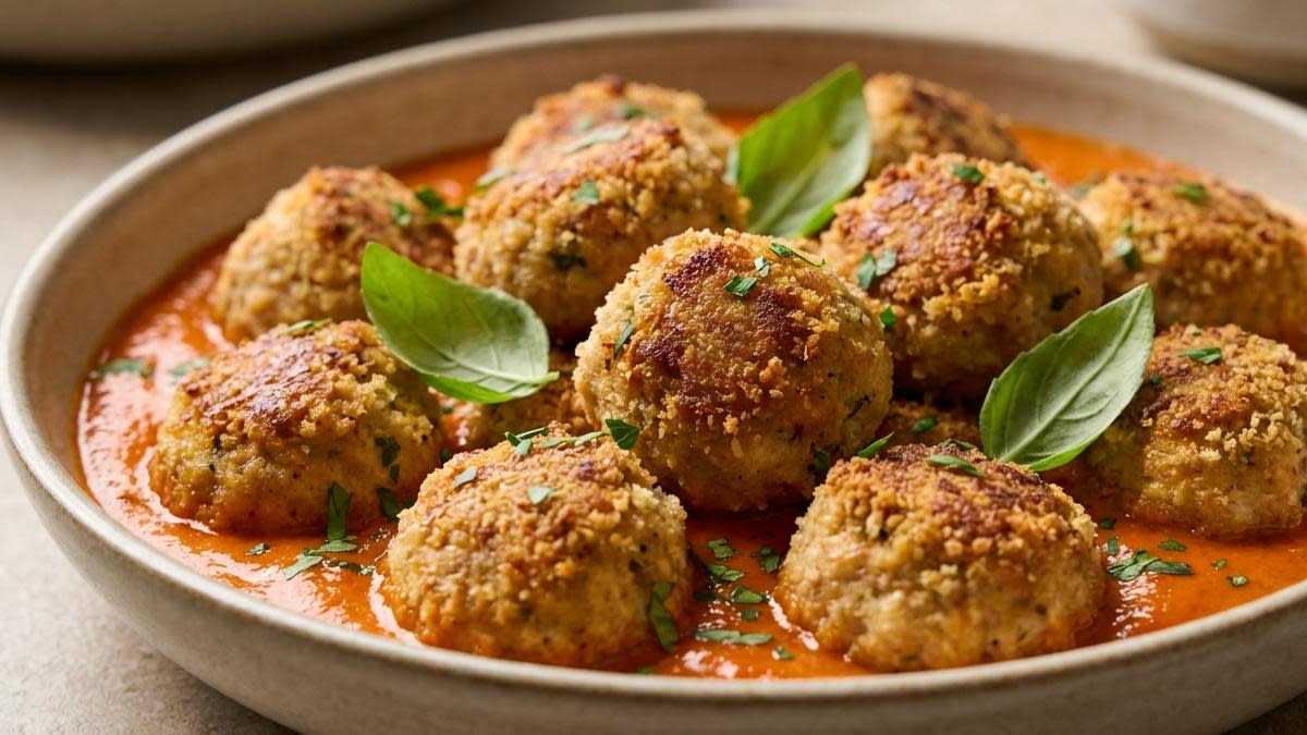 Baked turkey meatballs with creamy roasted red pepper sauce