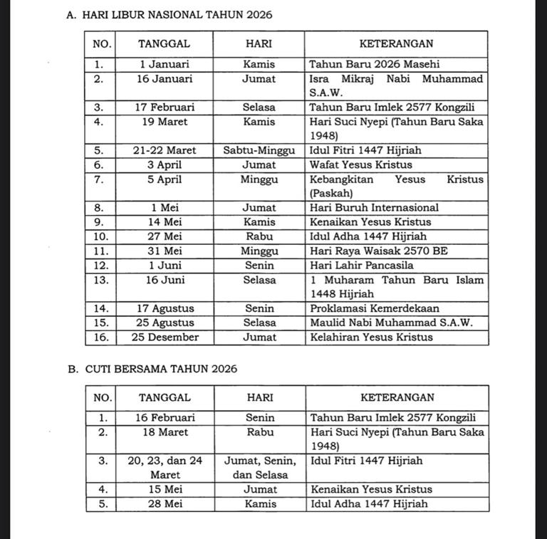 Daftar lengkap hari libur nasional dan cuti bersama tahun 2026, banyak ...