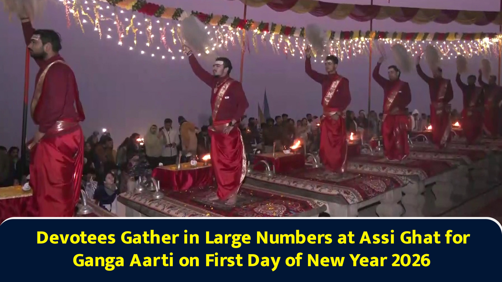 Devotees gather in large numbers at Assi Ghat for Ganga aarti on first ...