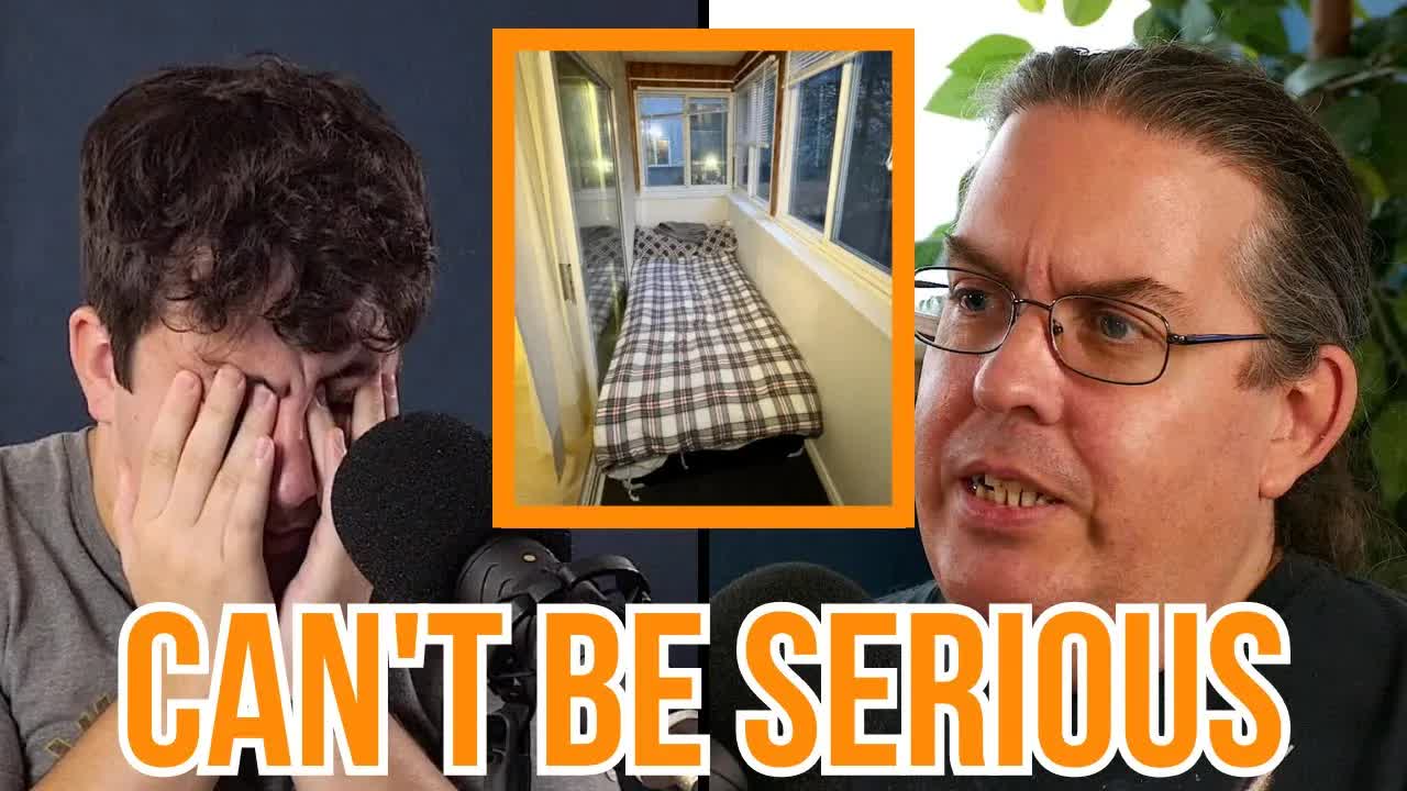 He shares a room with 4 grown men and pays how much in rent?