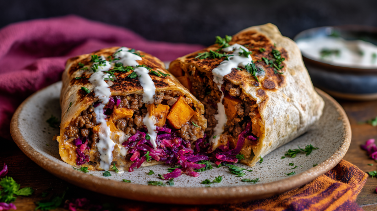 A hearty beef burrito with sweet potato and red cabbage