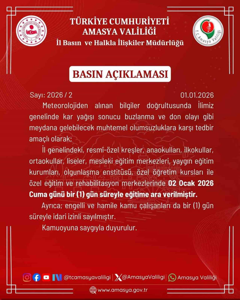 Amasya’da kar yağışı nedeniyle eğitime ara verildi