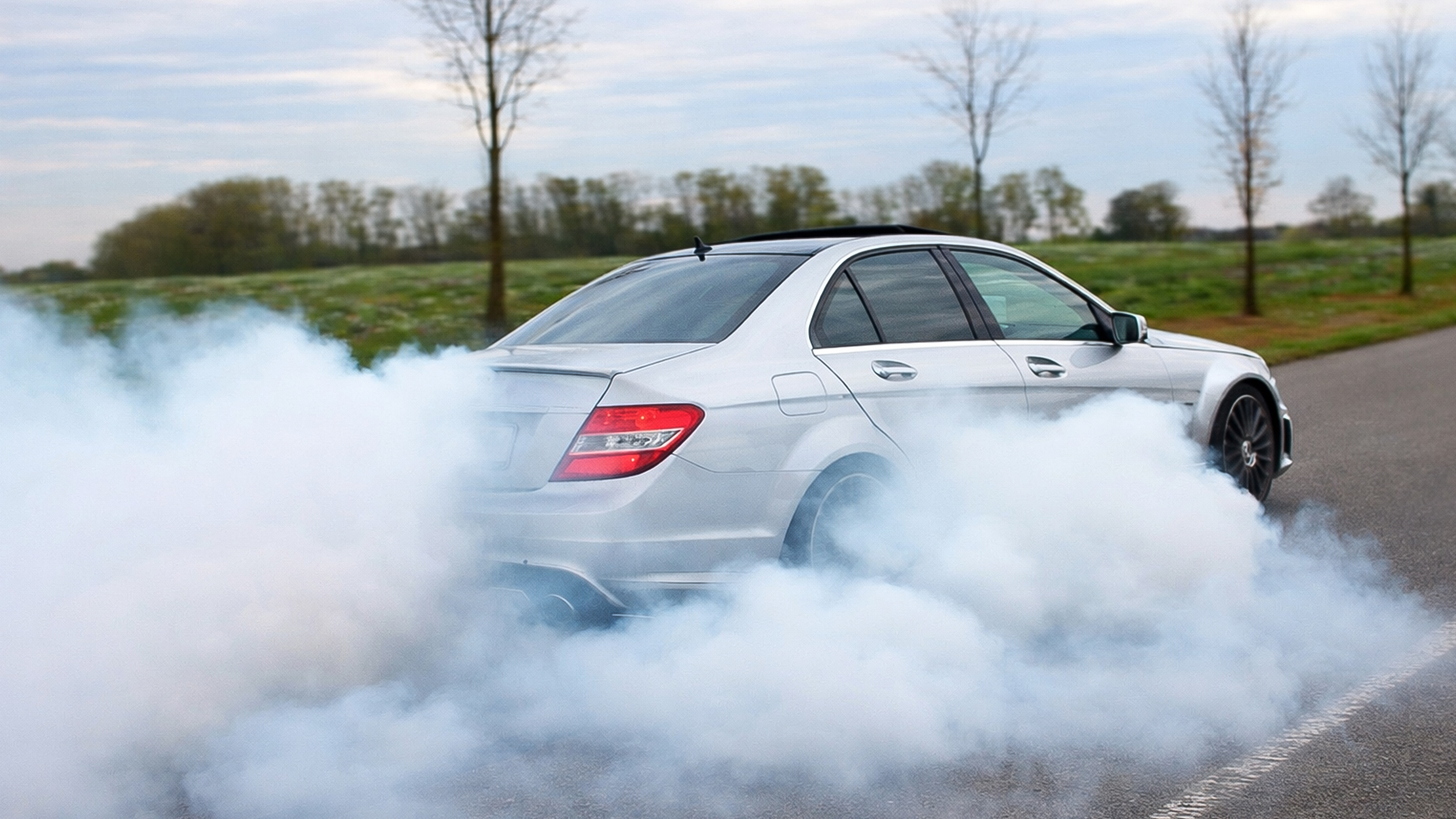 Mercedes C63 AMG burnout and acceleration action