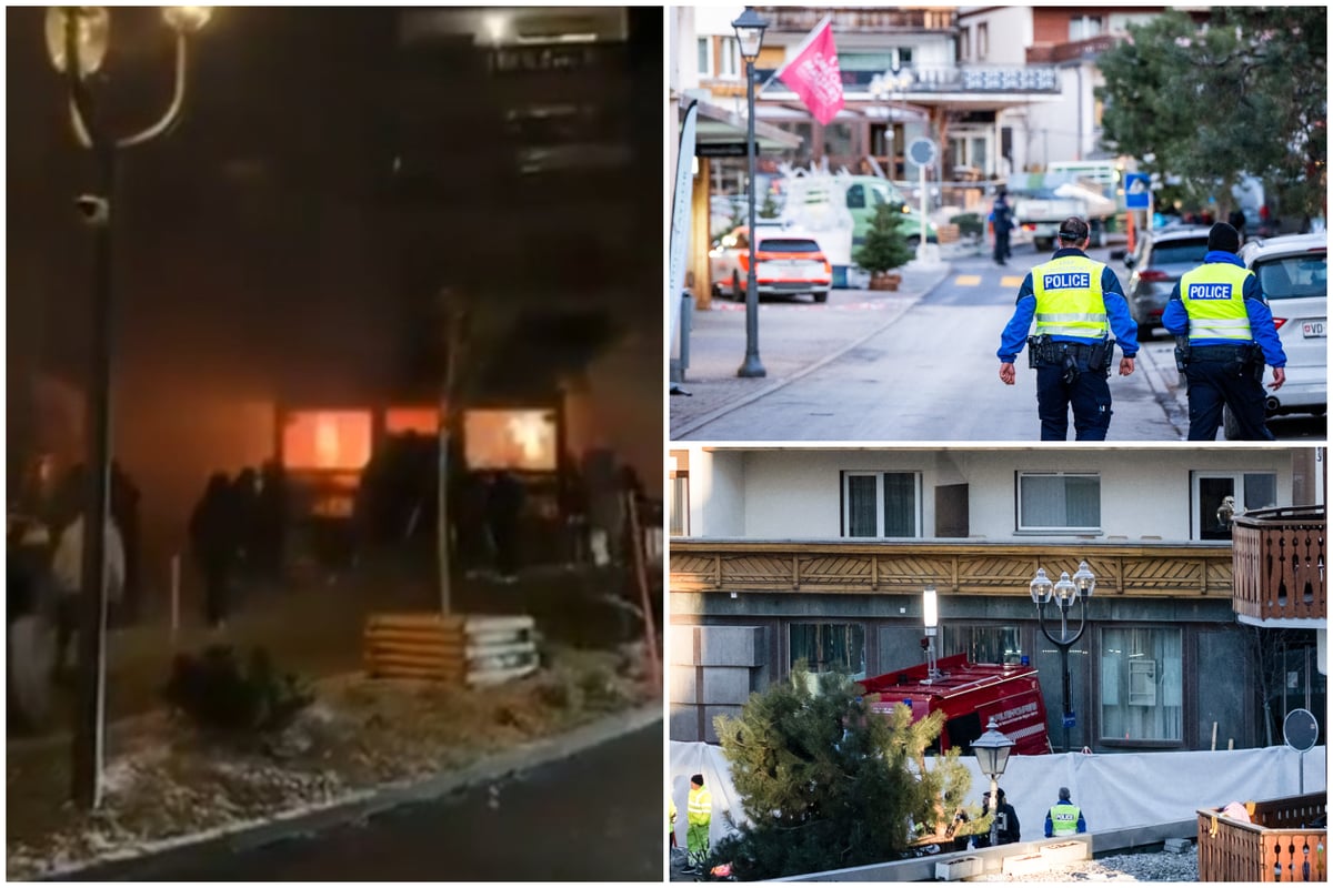 Terrifying moment fire spreads through ceiling of Swiss ski resort bar
