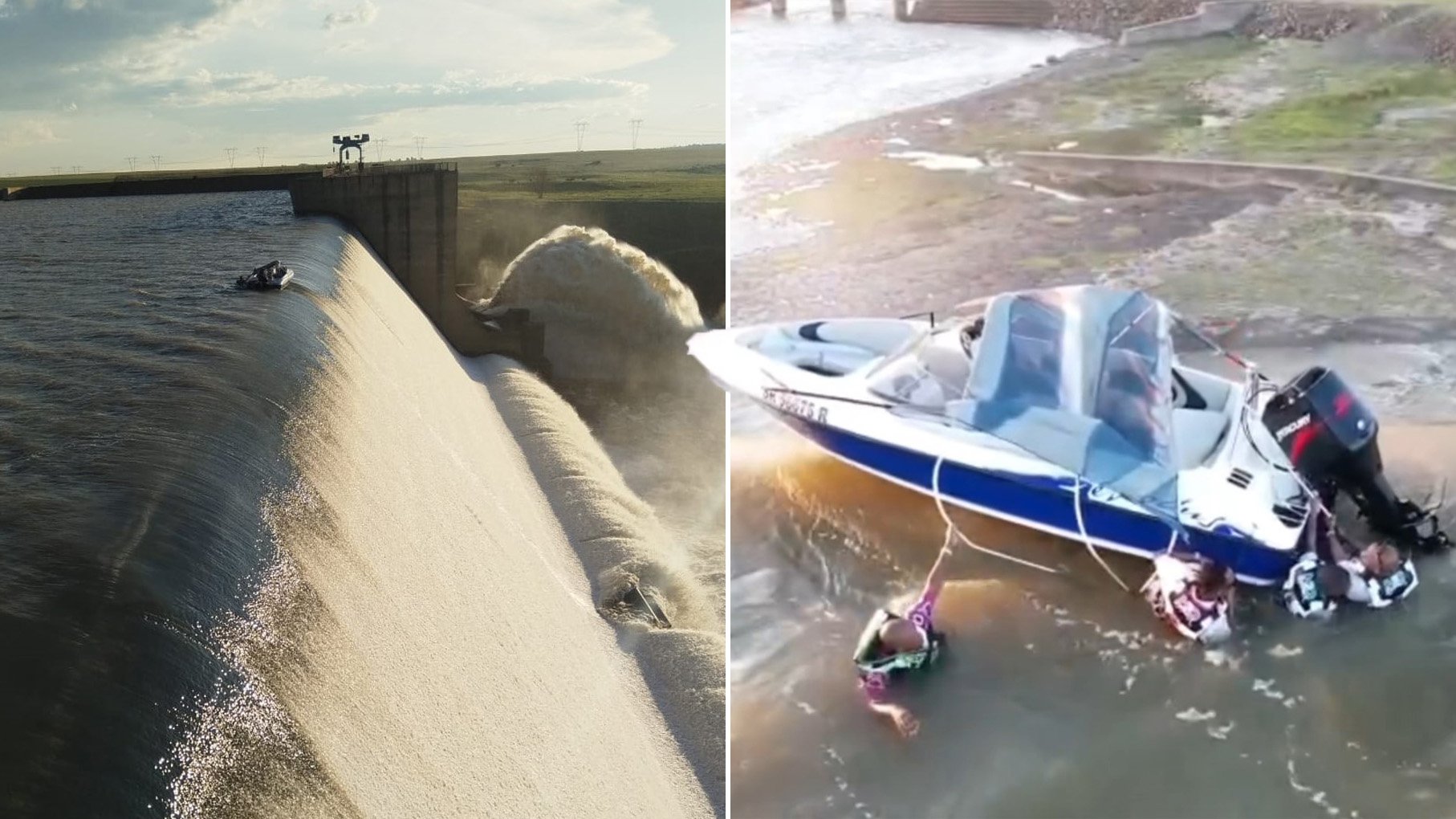Rescue drama as men cling to boat on 130ft dam edge