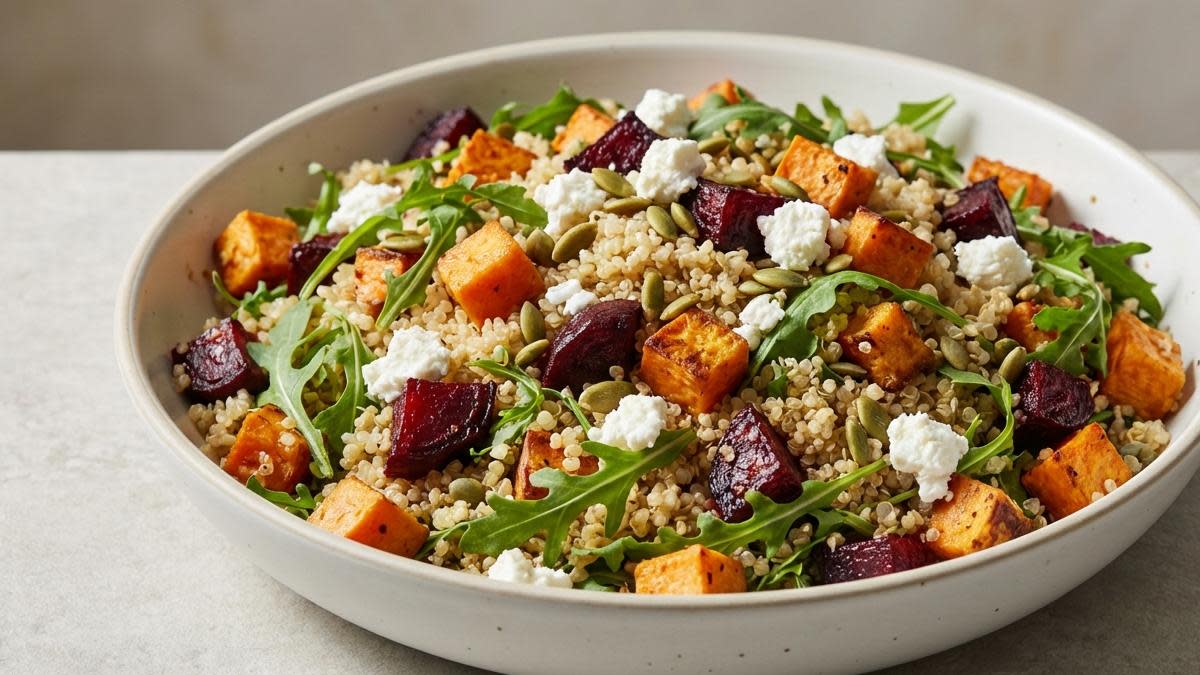 Quinoa salad with roasted sweet potatoes and beets