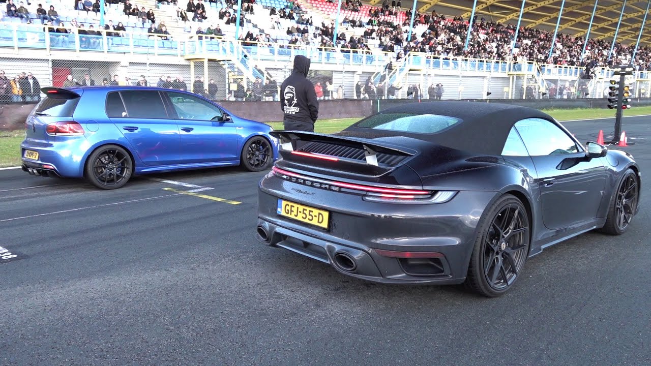 Golf 6 R vs Porsche 992 Turbo S in a track drag run
