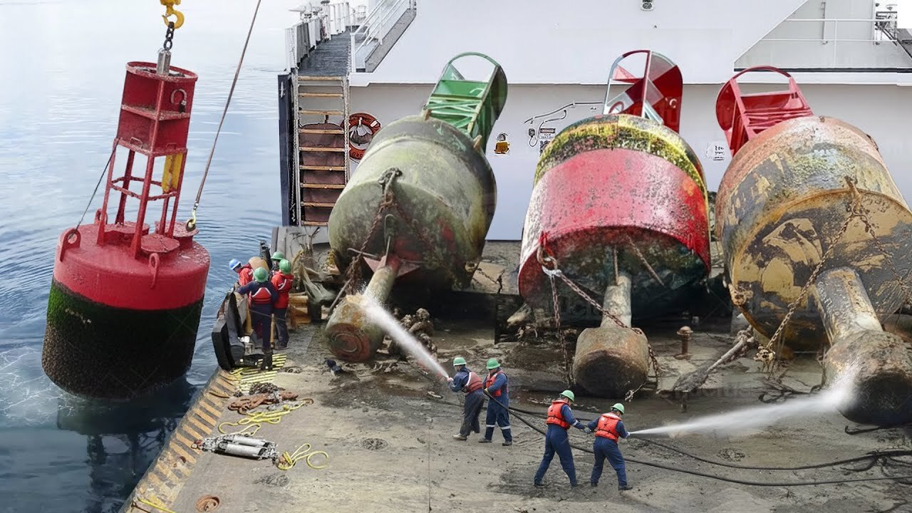 US Coast Guards perform maintenance on large buoys in the ocean