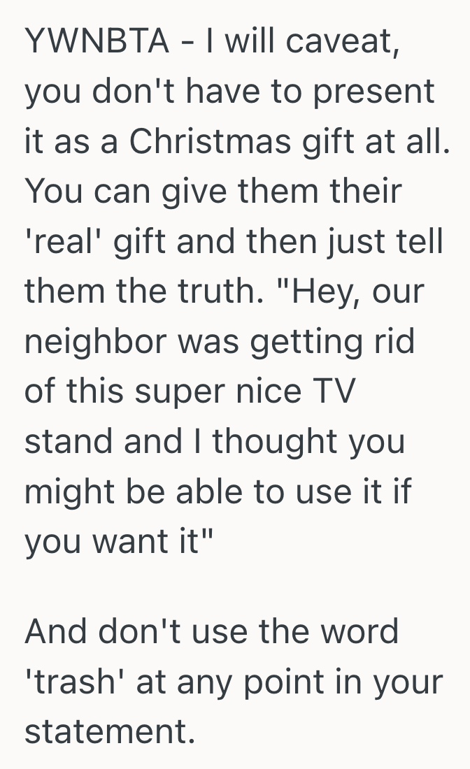 Husband found a TV stand being thrown away, so a lighthearted gift idea ...